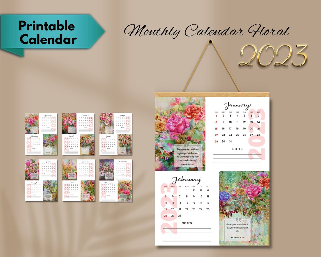 Calendar 2023 Monthly Calendar Floral Calendar With Proverbs 2023 ...