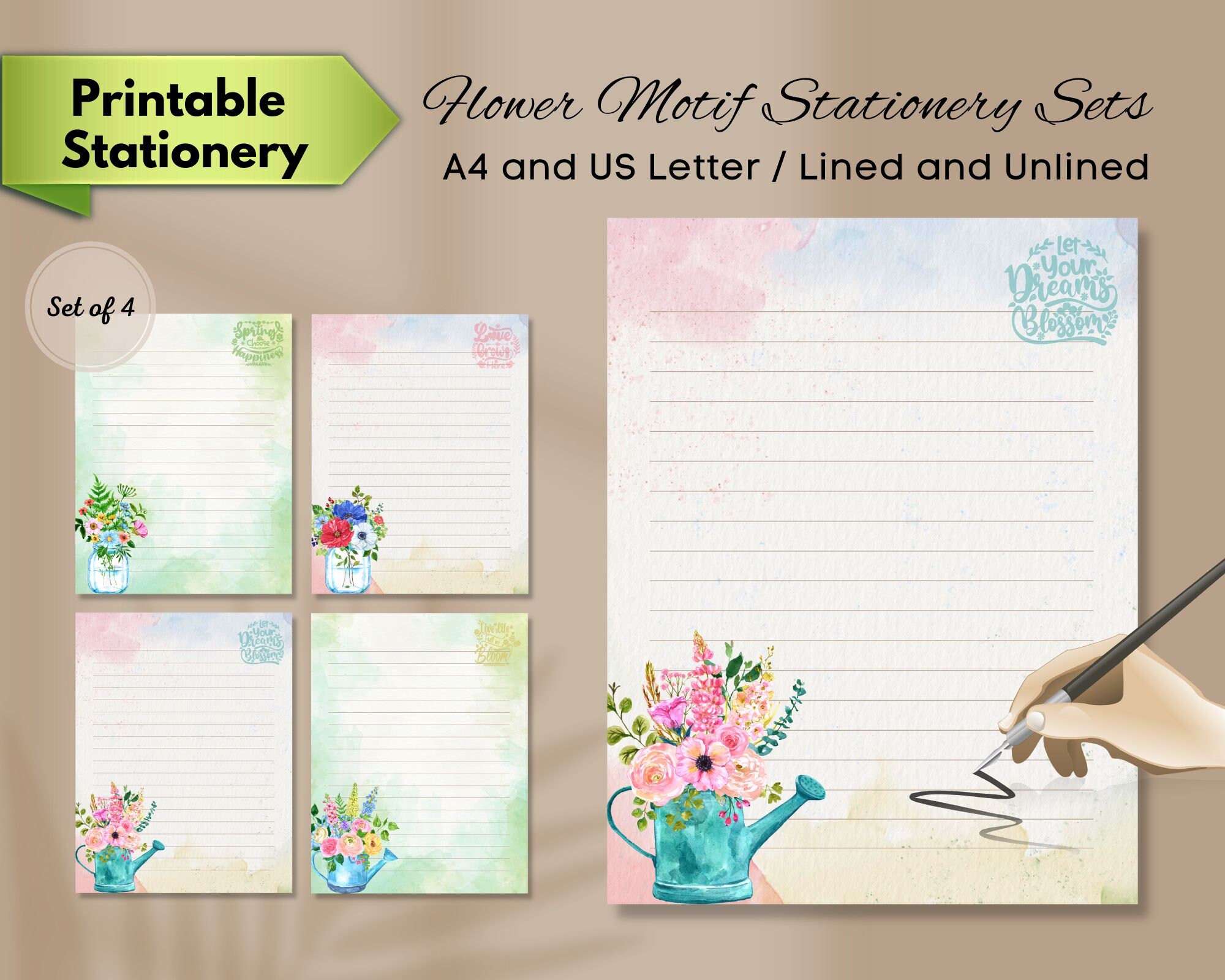 Flower Motif Stationery, Printable Stationery Flower, Digital Writing ...