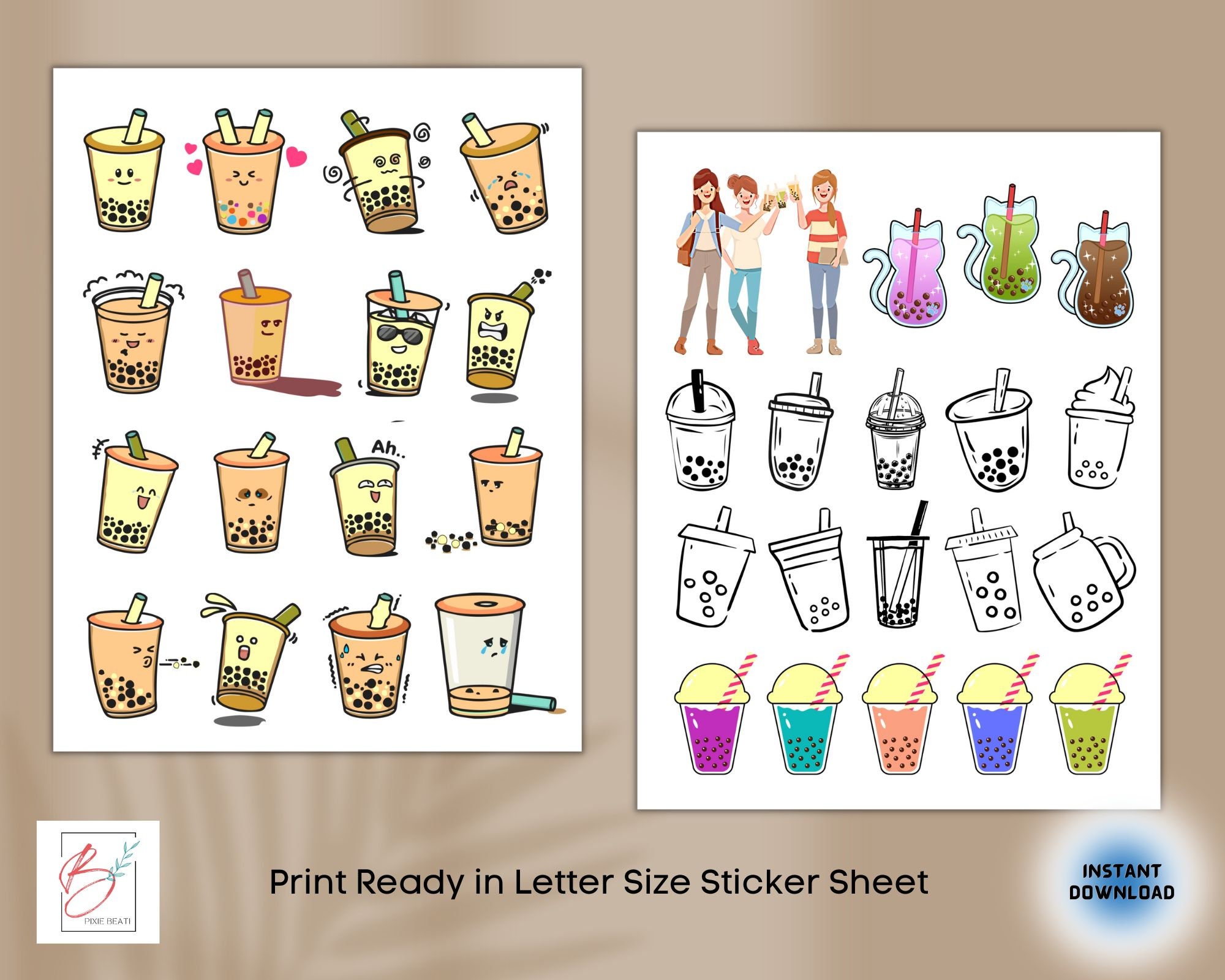 Boba Milk Tea Sticker Sheet Bundle | Printable Sticker Sheet | Letter ...