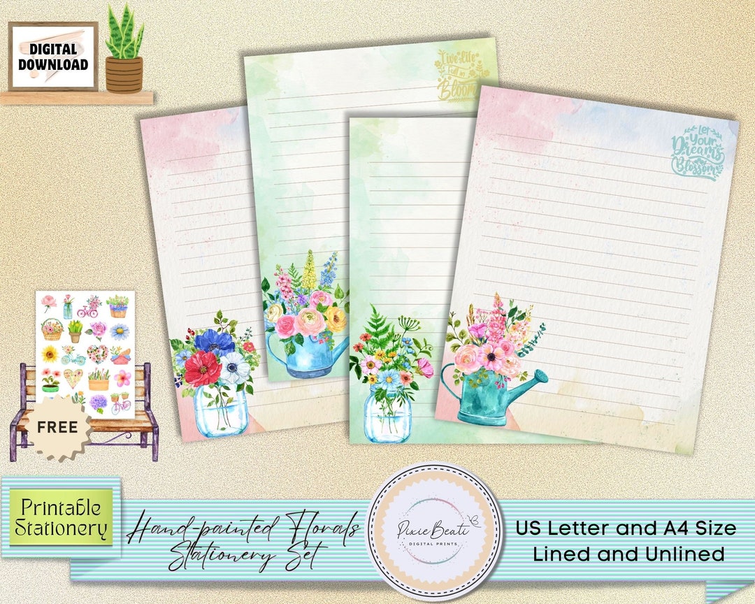 Flower Motif Stationery, Printable Stationery Flower, Digital Writing ...