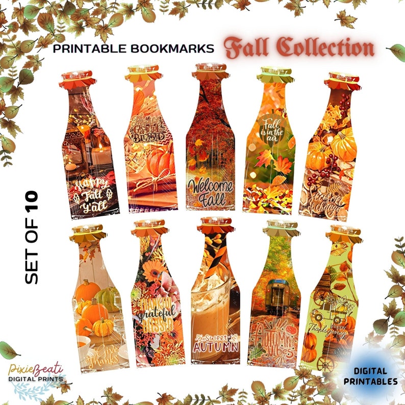 Autumn Bookmarks / Printable Bookmarks Fall Set of 10 / Digital Collage ...