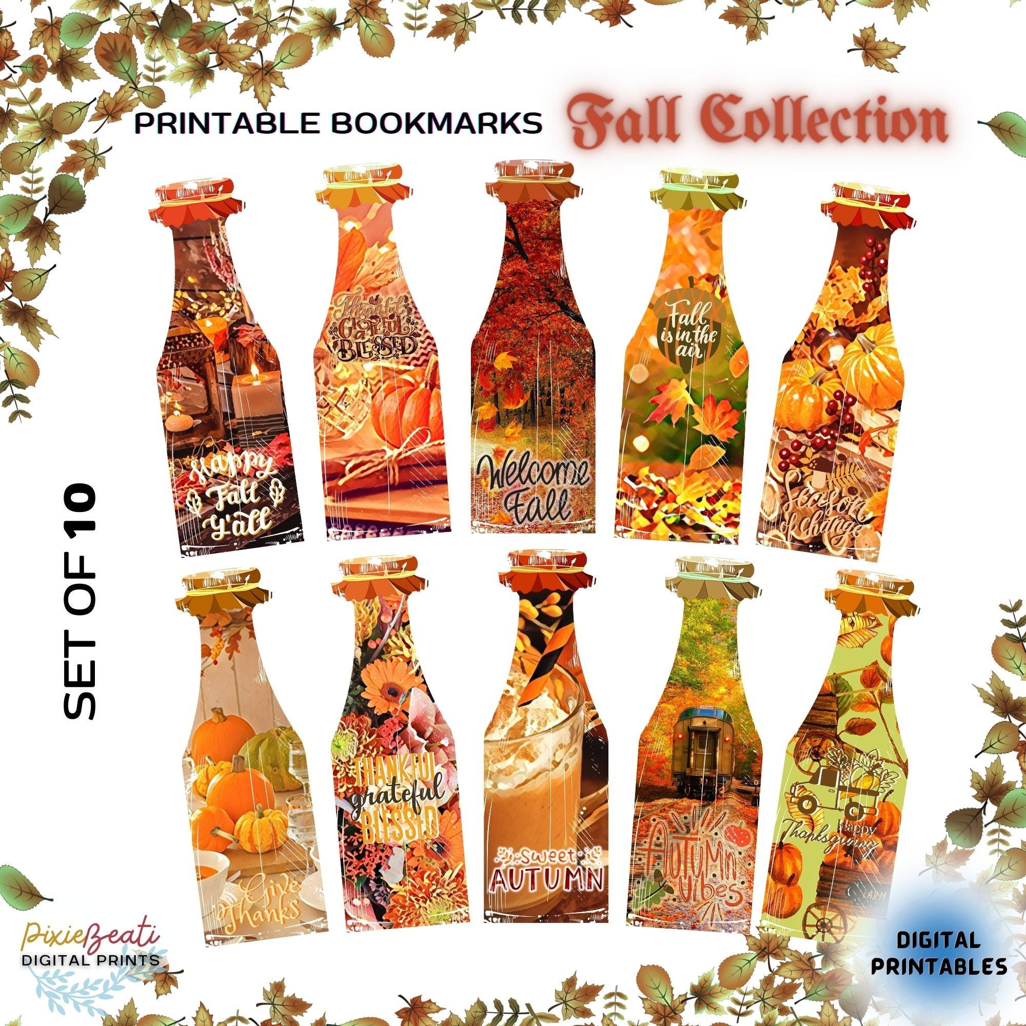 Autumn Bookmarks / Printable Bookmarks Fall Set of 10 / Digital Collage ...