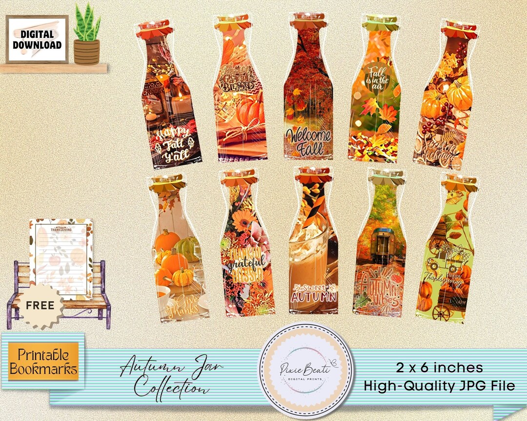 Autumn Bookmarks / Printable Bookmarks Fall Set of 10 / Digital Collage ...