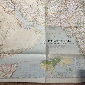 Vintage 1952 National Geographic Map of Southwest Asia, UNFRAMED, in ...