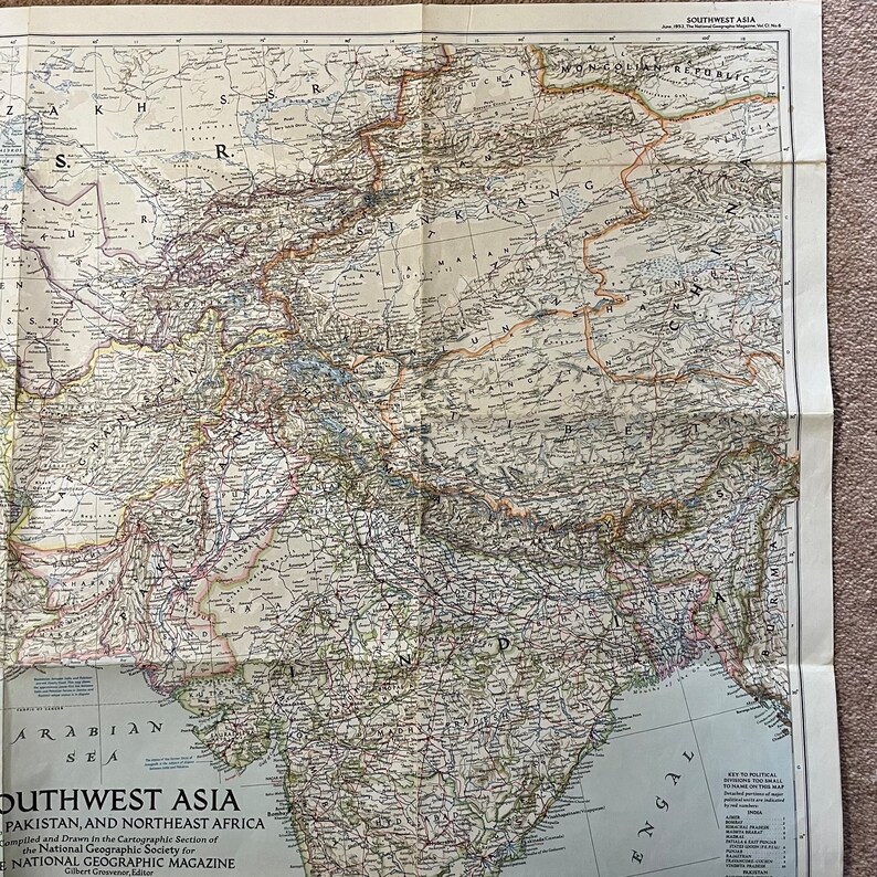 Vintage 1952 National Geographic Map of Southwest Asia, UNFRAMED, in ...
