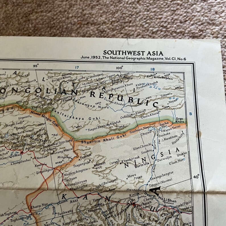 Vintage 1952 National Geographic Map of Southwest Asia, UNFRAMED, in ...