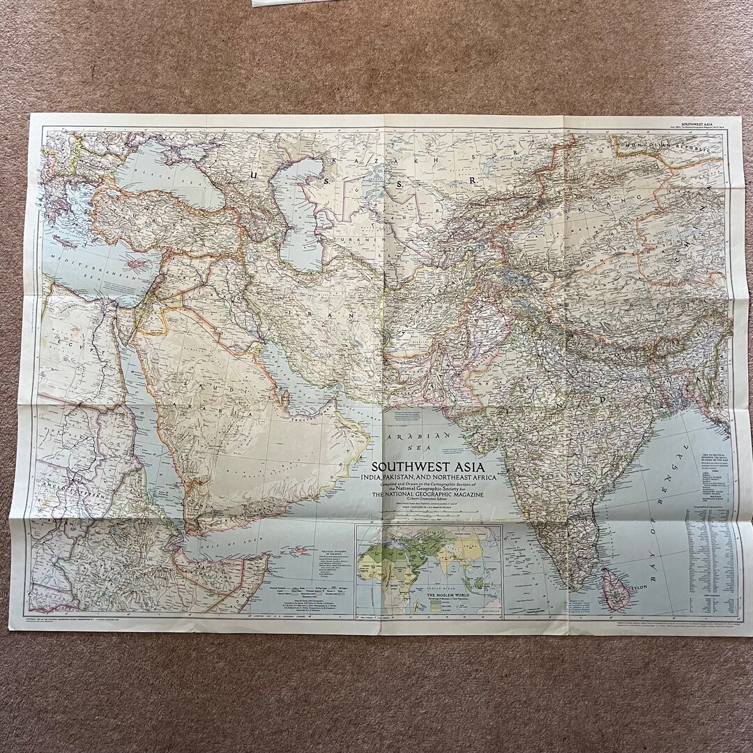 Vintage 1952 National Geographic Map of Southwest Asia, UNFRAMED, in ...