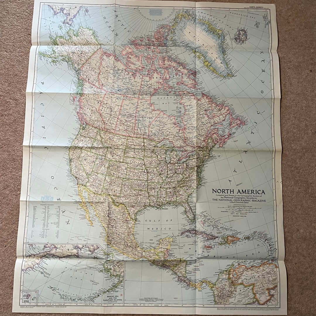 Vintage 1952 National Geographic Map of North America, UNFRAMED, in ...