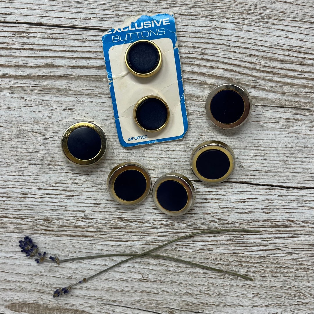 Vintage 1980s Buttons, Kitsch Plastic / Metal Navy Blue & Gold Shank ...