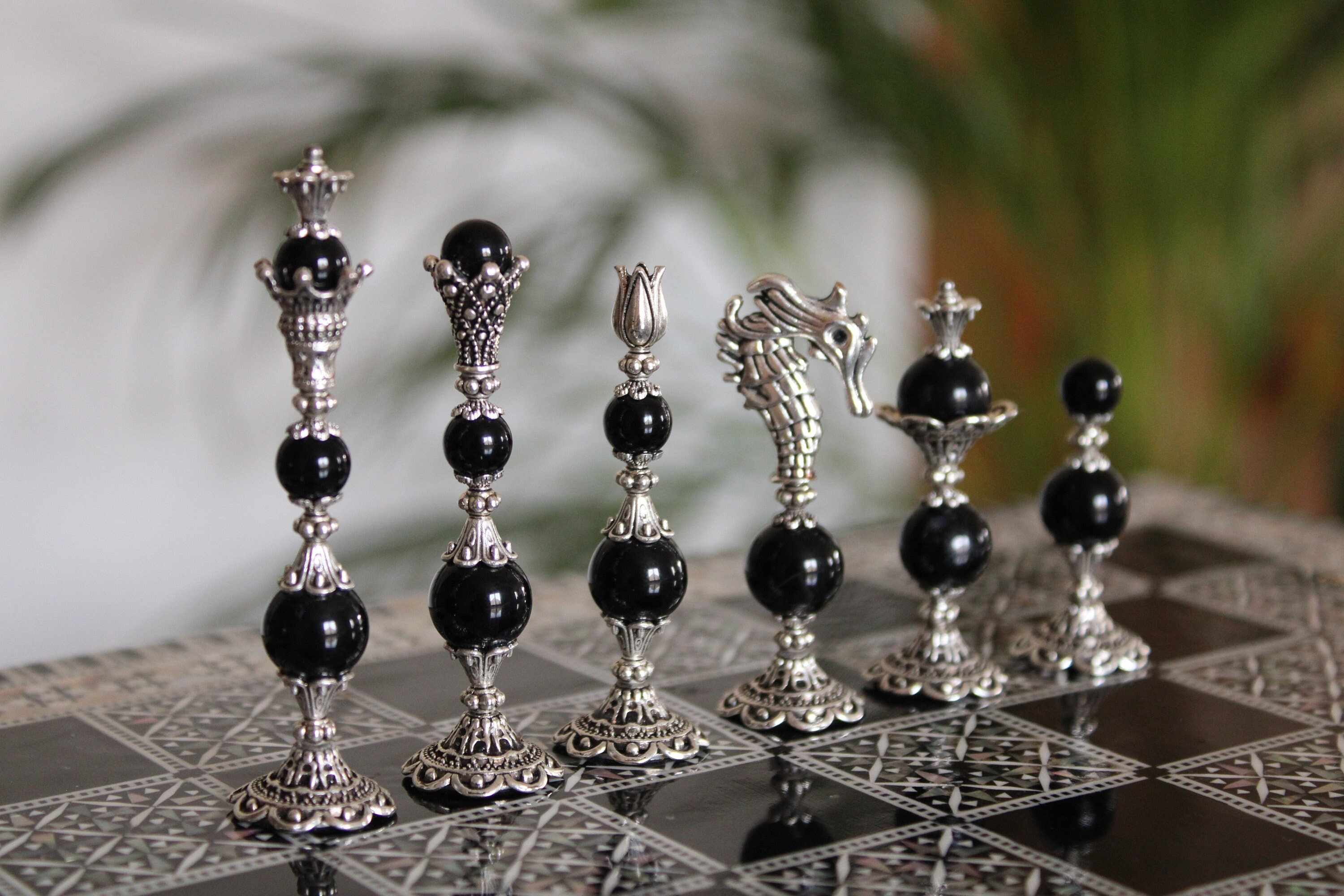 Chess Set Obsidian Stone Chess Pieces Handmade Metal Antique Style ...