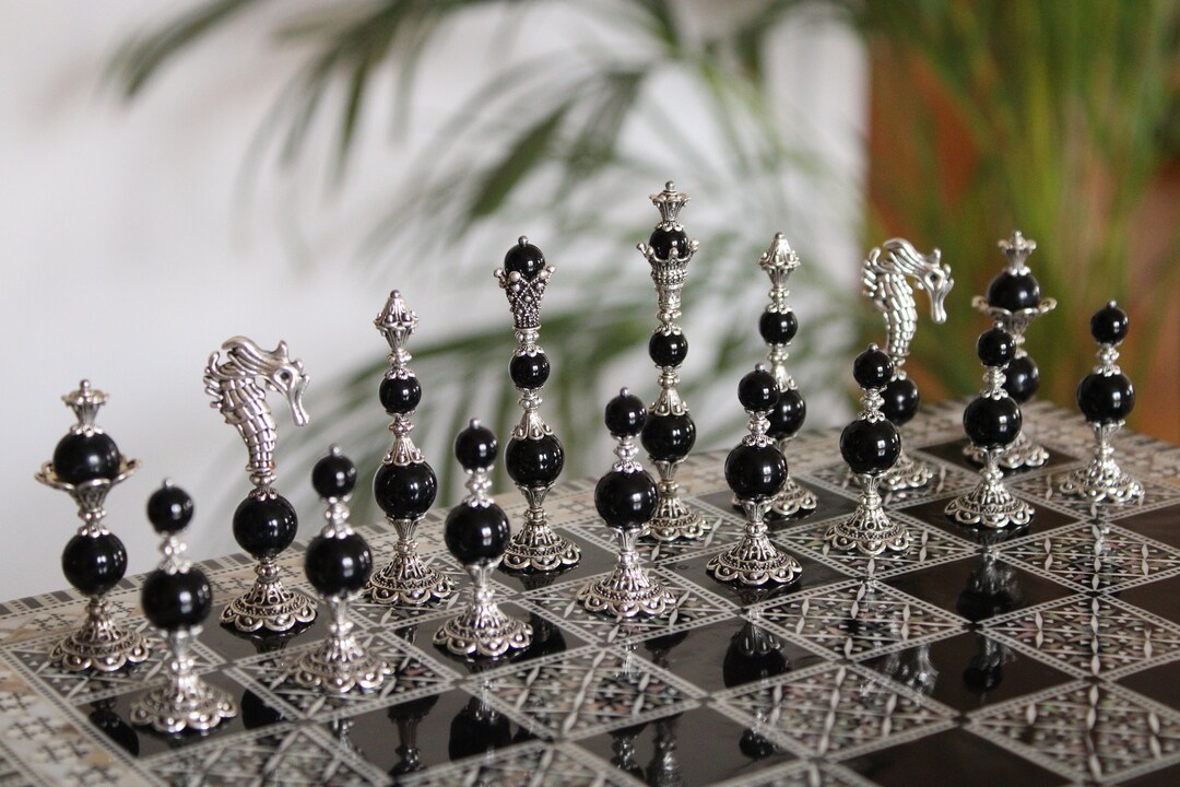 Chess Game Obsidian Stone Chess Pieces Metal Handmade Antique Style ...