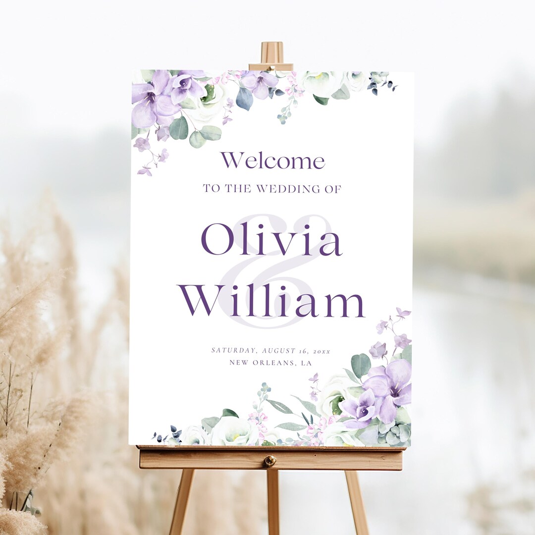 Watercolor Floral Wedding Welcome Sign: Mauve Purple Peony (editable ...