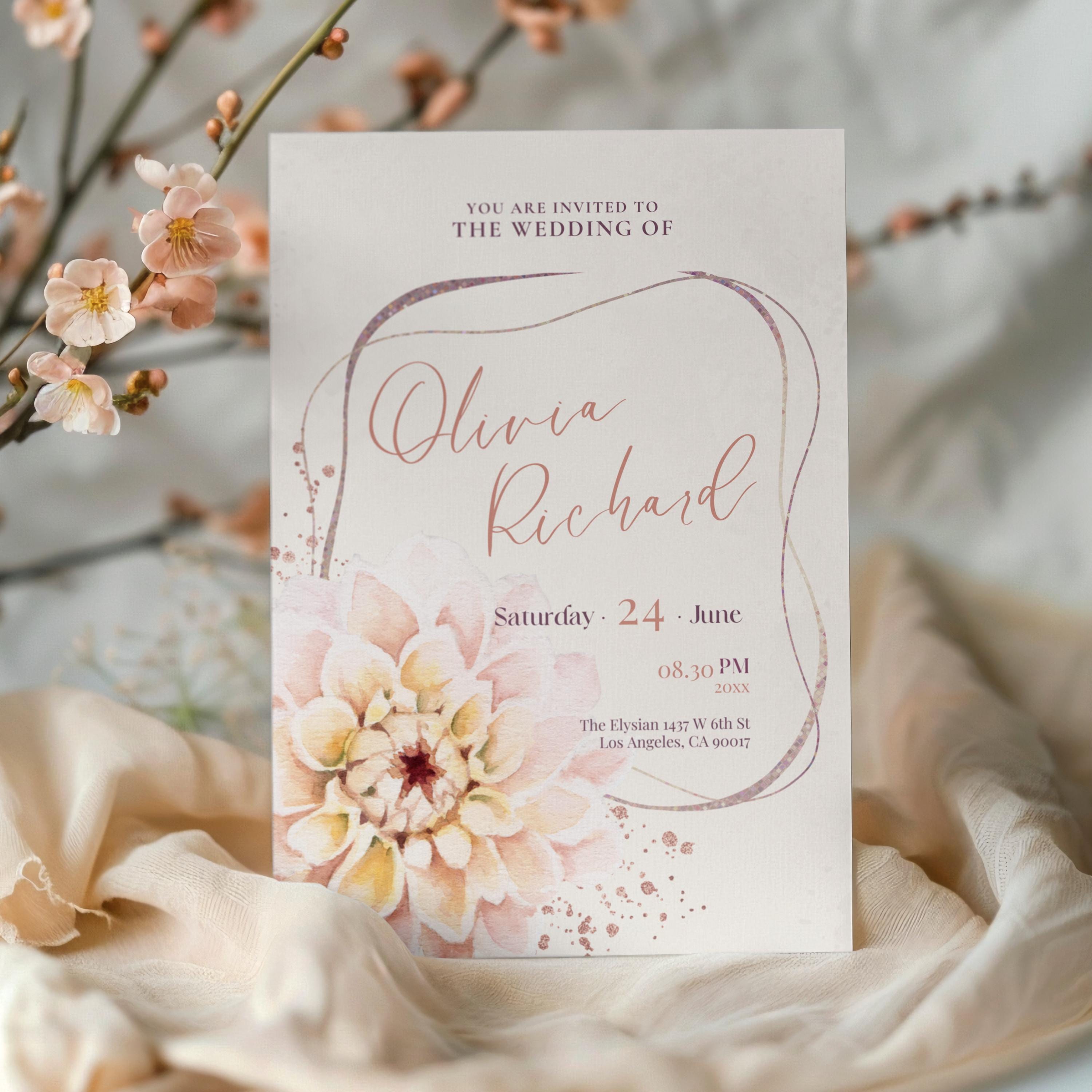 DAHLIA Wedding Invitation, Editable Floral Invite, Blush Pink Pastel ...