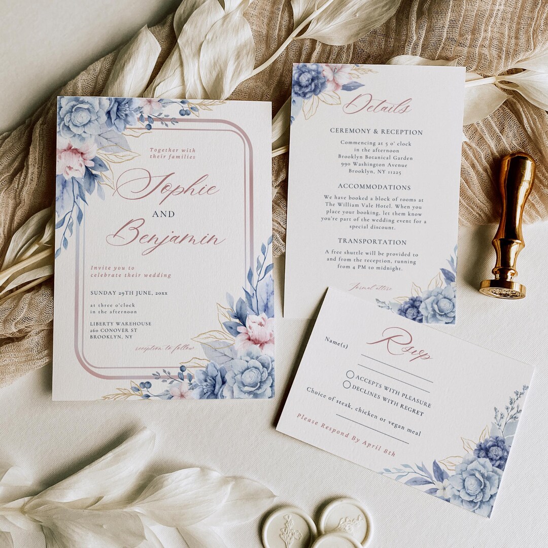 Dusty Blue Wedding Invitation Template Set: Floral Boho Invites RSVP ...