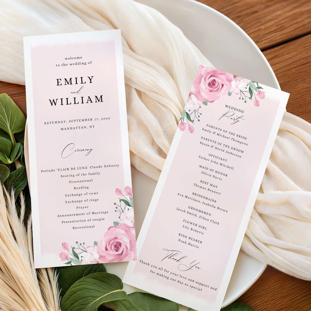 Pink Floral Wedding Program Template: Botanical Ceremony (digital ...