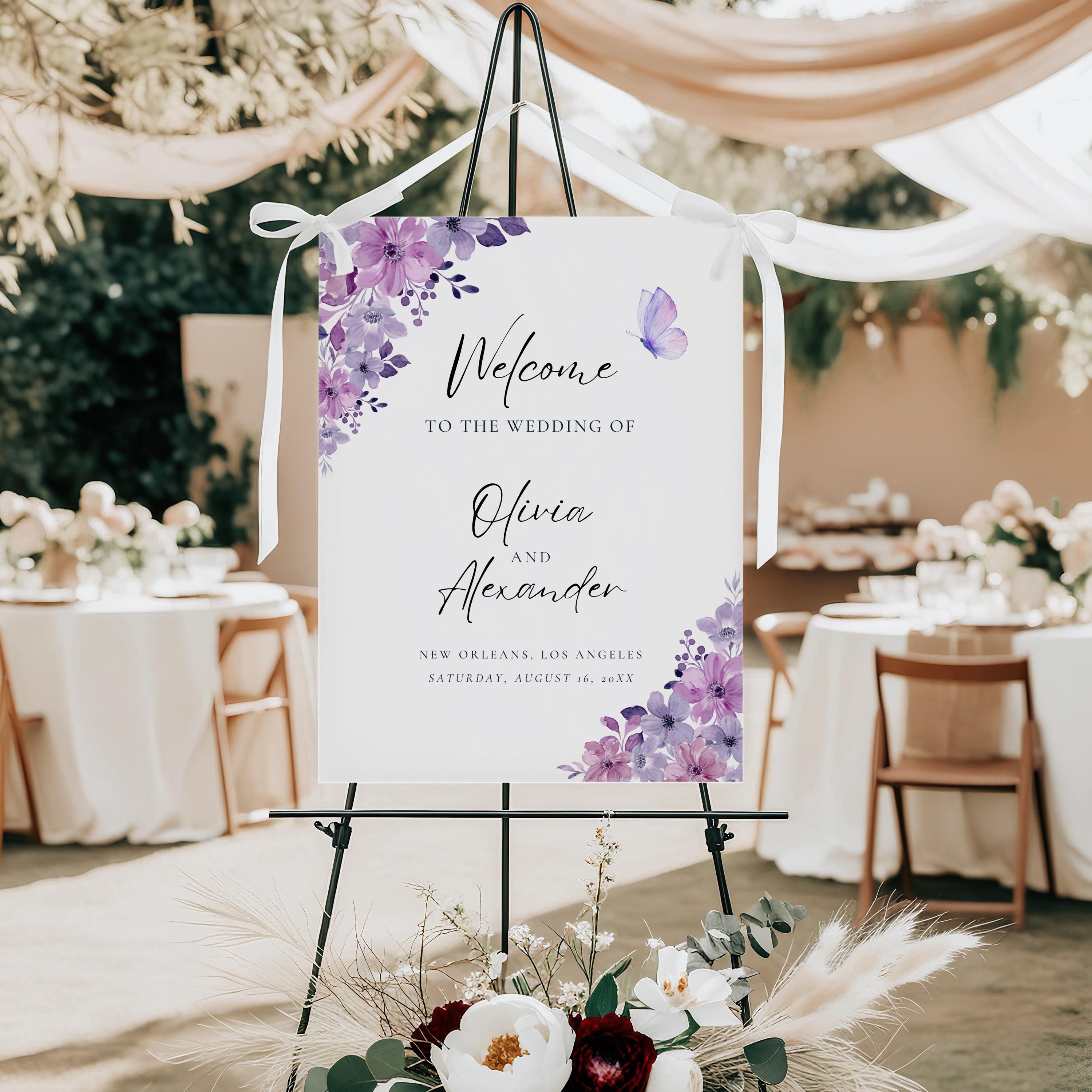 Floral Wedding Welcome Sign: Purple Lilac Butterfly Welcome Board ...