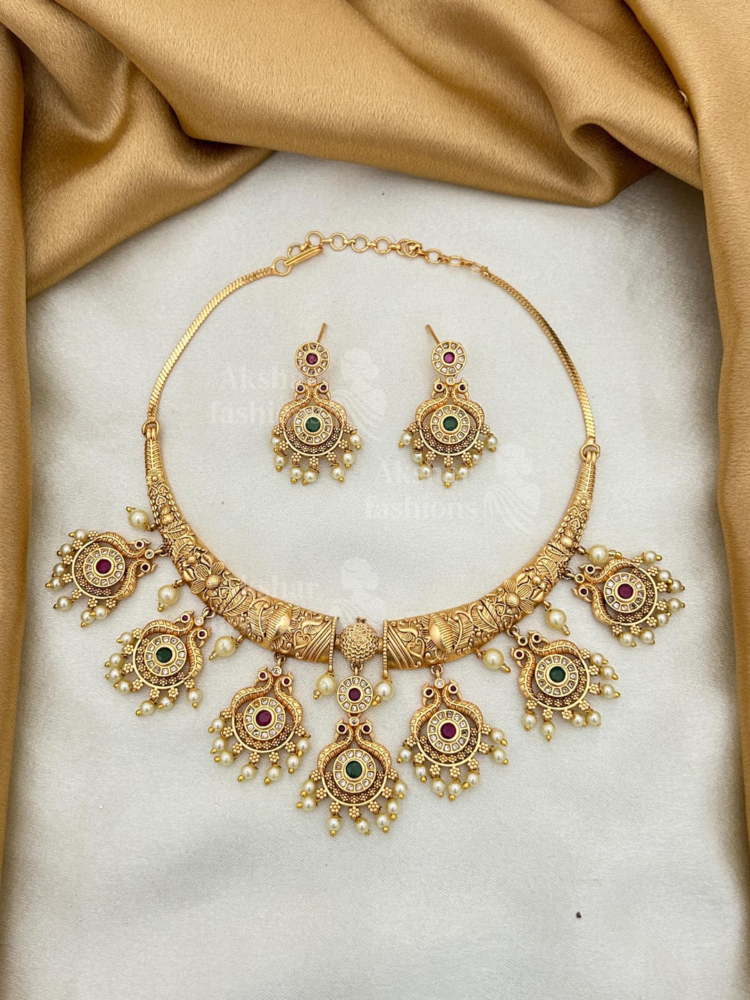 Traditional Gold Tone Temple Necklace Set With Ruby Green Stones ...