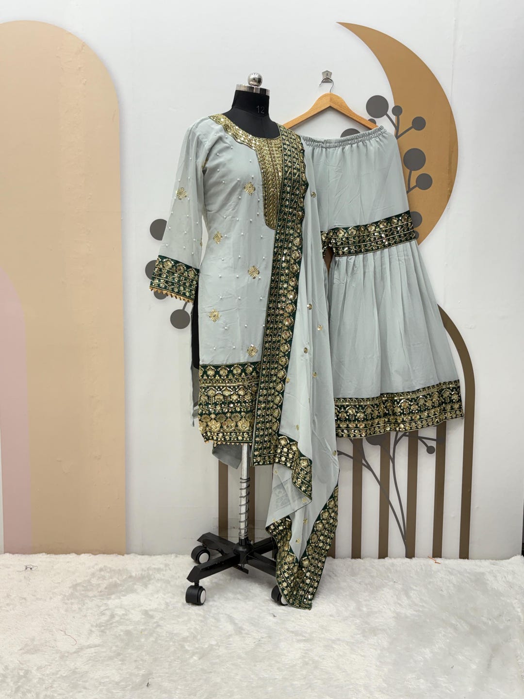Light Grey Sharara Suit: Georgette, Satin, Embroidery Sequence - 3pc ...