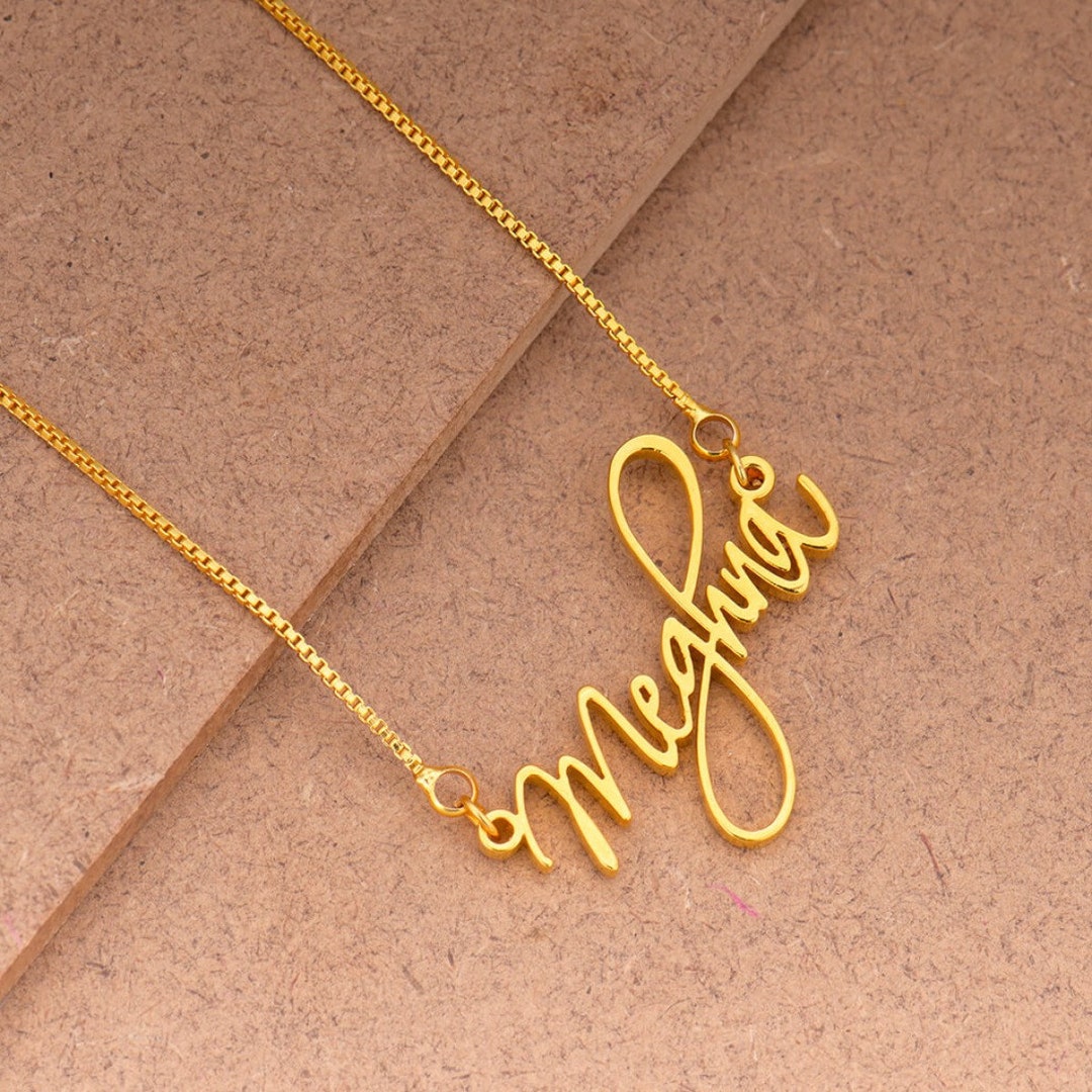 Cursive Curved Name Necklace 14K Solid Gold Custom Name - Etsy