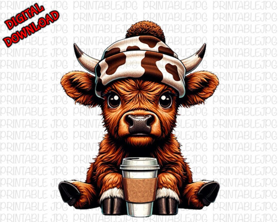 Country Highland Calf With a Cow Print Beanie and a to Go Coffee Cup ...