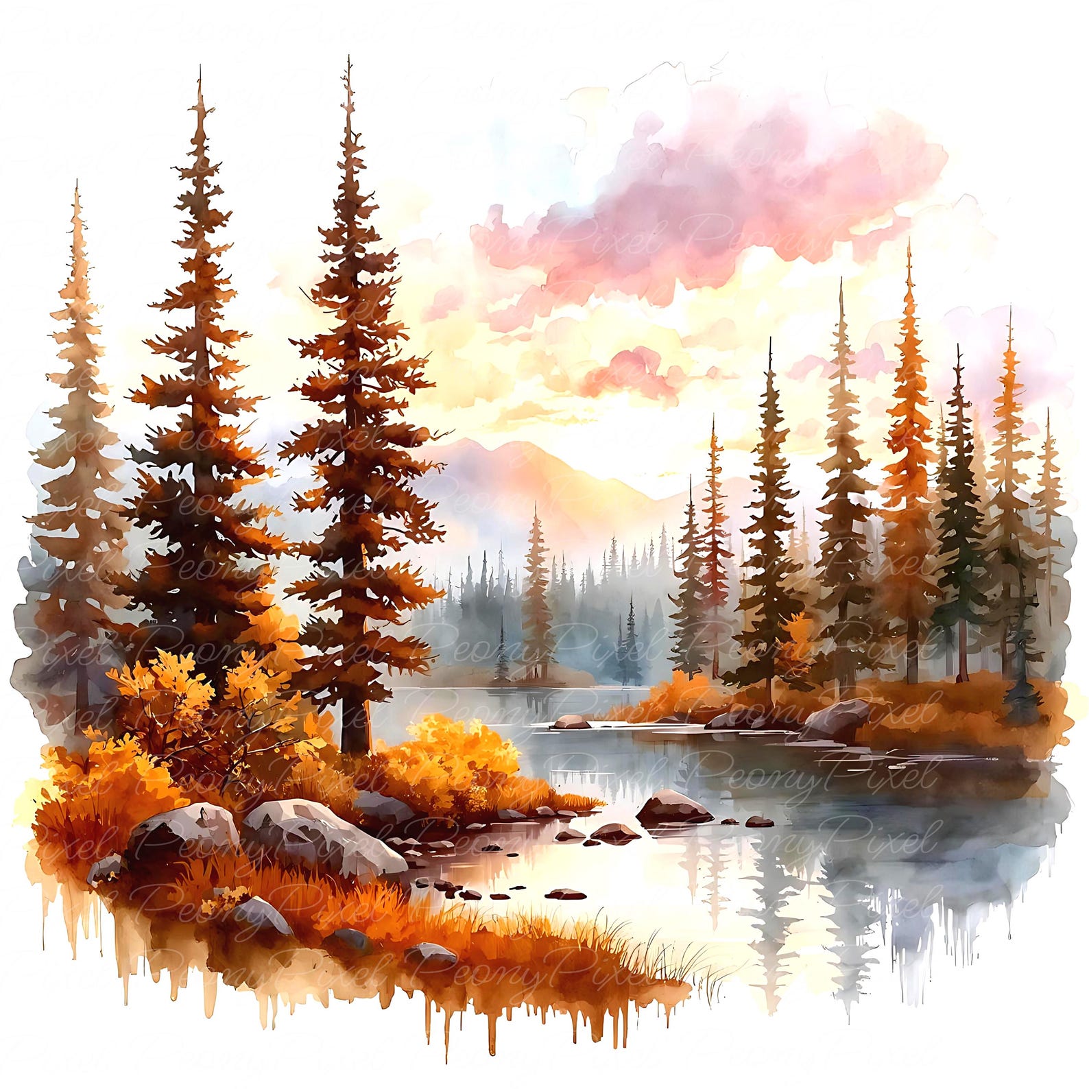 20 Watercolor Mountain Lake Clipart Set, Forest Scenery (digital ...