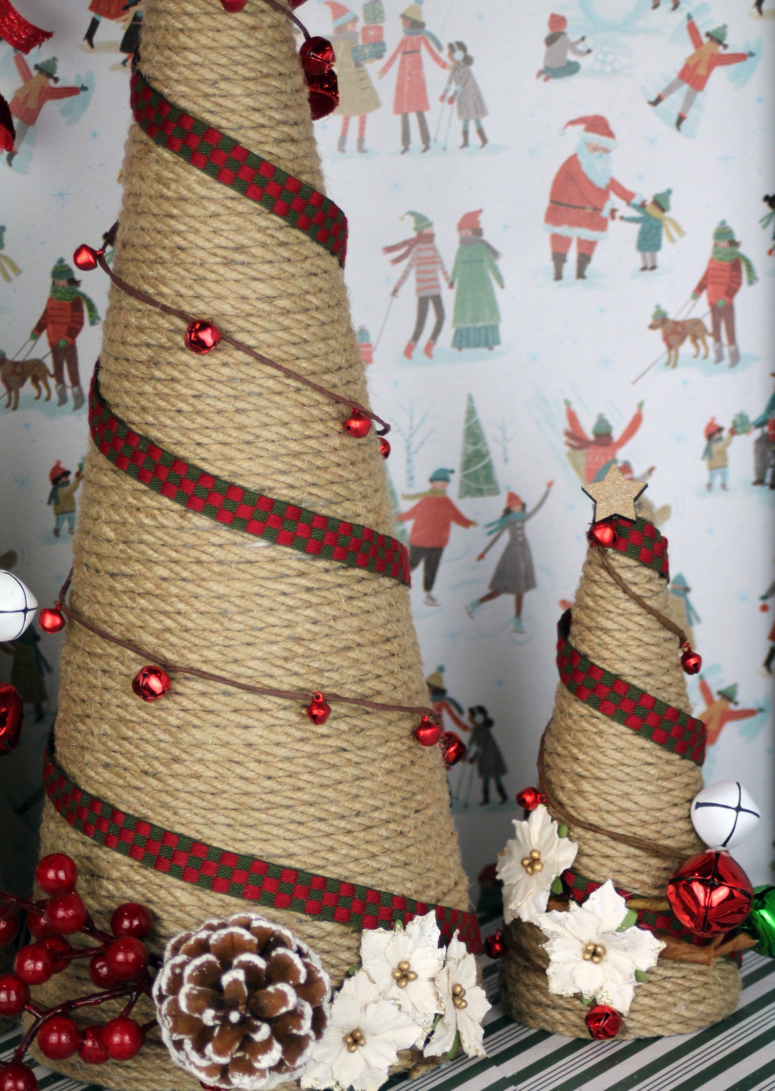 3 Pc Jute Tree Set With Red/green Plaid Accents Jingle Bells - Etsy