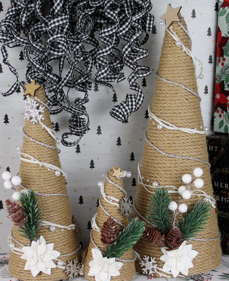 3 Pc Jute Tree Set With Silver and White Accents and Seasonal Greenery ...