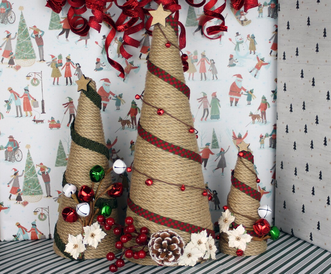 3 Pc Jute Tree Set With Red/green Plaid Accents, Jingle Bells, and ...