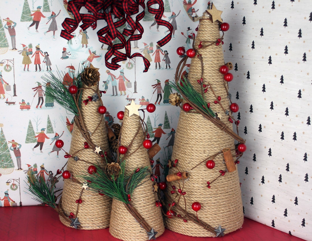 3 Pc Jute Tree Set With Red Berries, Stars, Cinnamon Sticks and ...