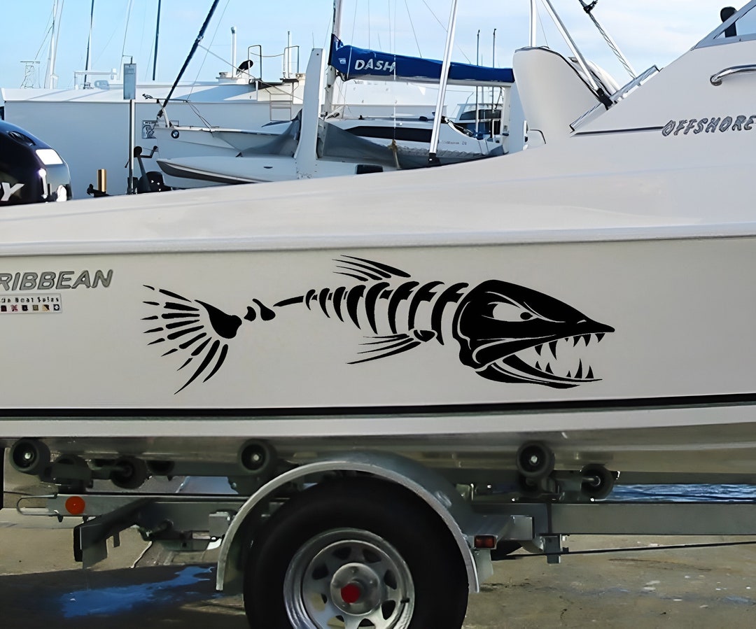 Large Fish Boat Decal With Custom Skull Design, Fish Skeleton Vinyl ...