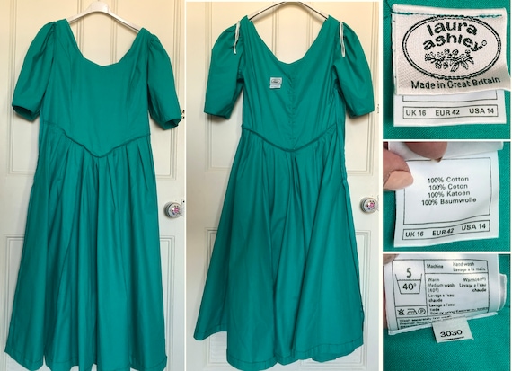 Laura Ashley 1980s emerald green Bustle Dress, UK 16.… - Gem