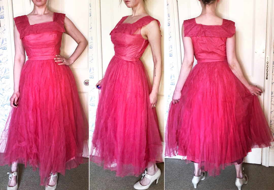 1950s Vintage an Acquer Model Fuschia Pink Tulle Dress 10/12 U.K. Great ...