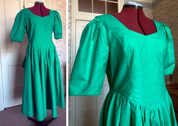 Laura Ashley 1980s emerald green Bustle Dress, UK 16.… - Gem