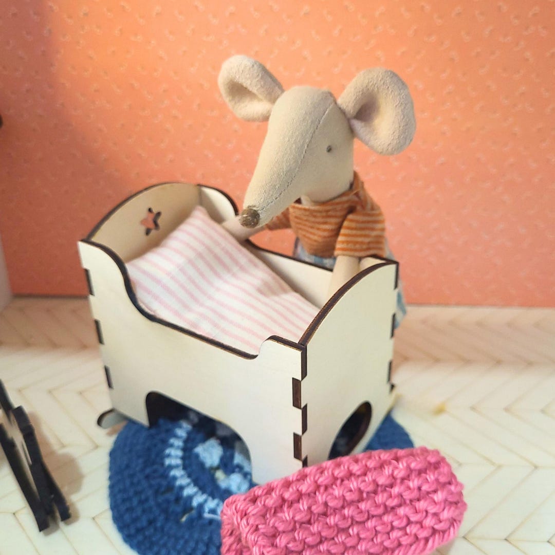 Handcrafted Wooden Dollhouse Cradle With Mattress and Blanket - for ...