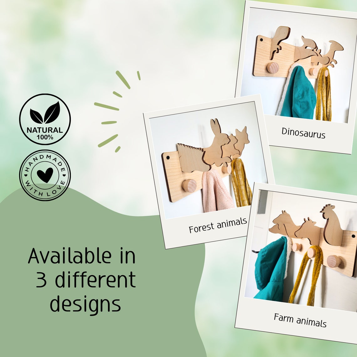 Wooden Farm Animals Coat Rack for Kids, Nursery Wall Hanger With Animal ...