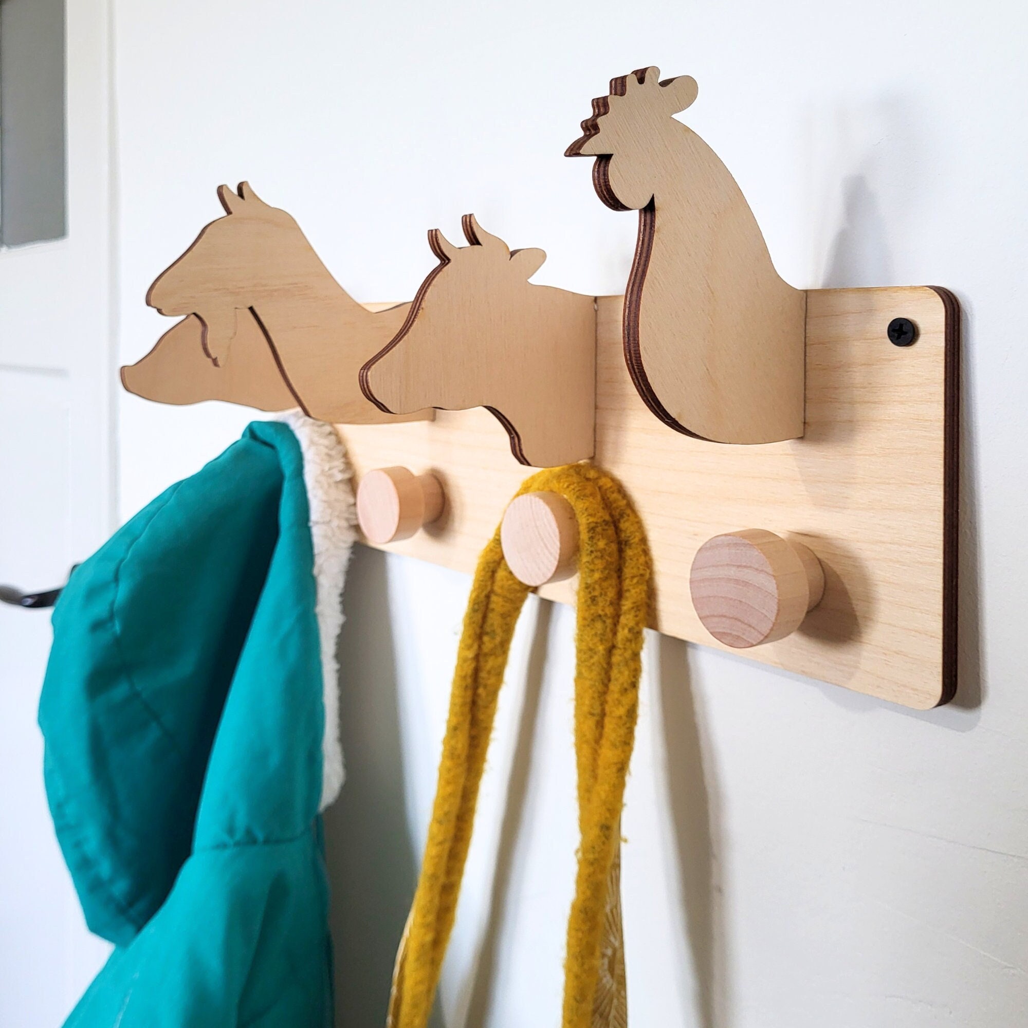 Wooden Farm Animals Coat Rack for Kids, Nursery Wall Hanger With Animal ...