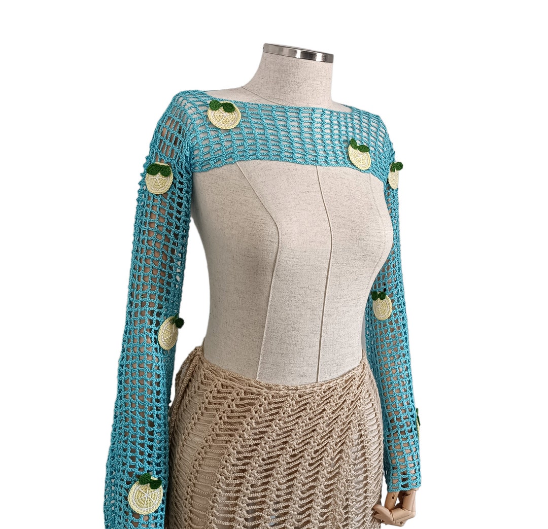 Lemon Knit Top, Mesh Top With Lemon Motif, Crochet Crop Top, Y2k Summer ...