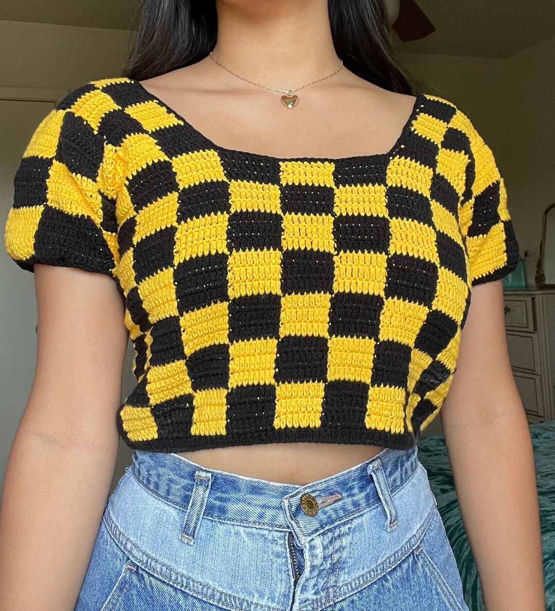 Orange-beige Colored Checkered Crop Top, Crochet Checker Top - Etsy