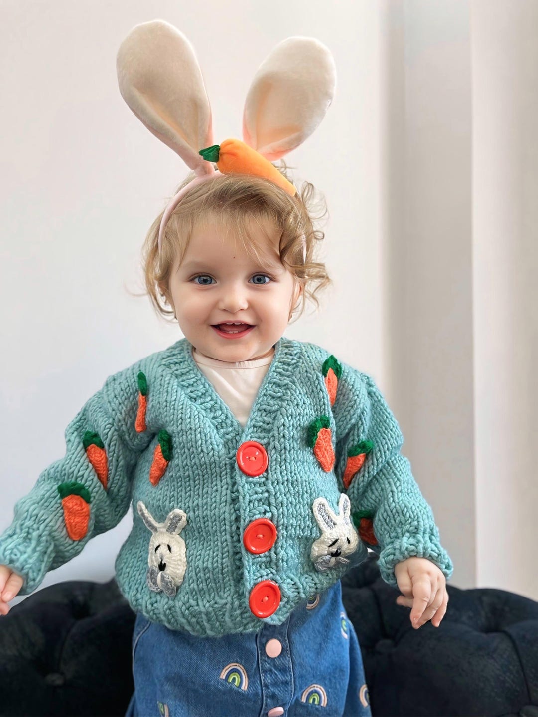 Crochet Rabbit and Carrot Motif Children’s Cardigan for Sale, Knitted ...