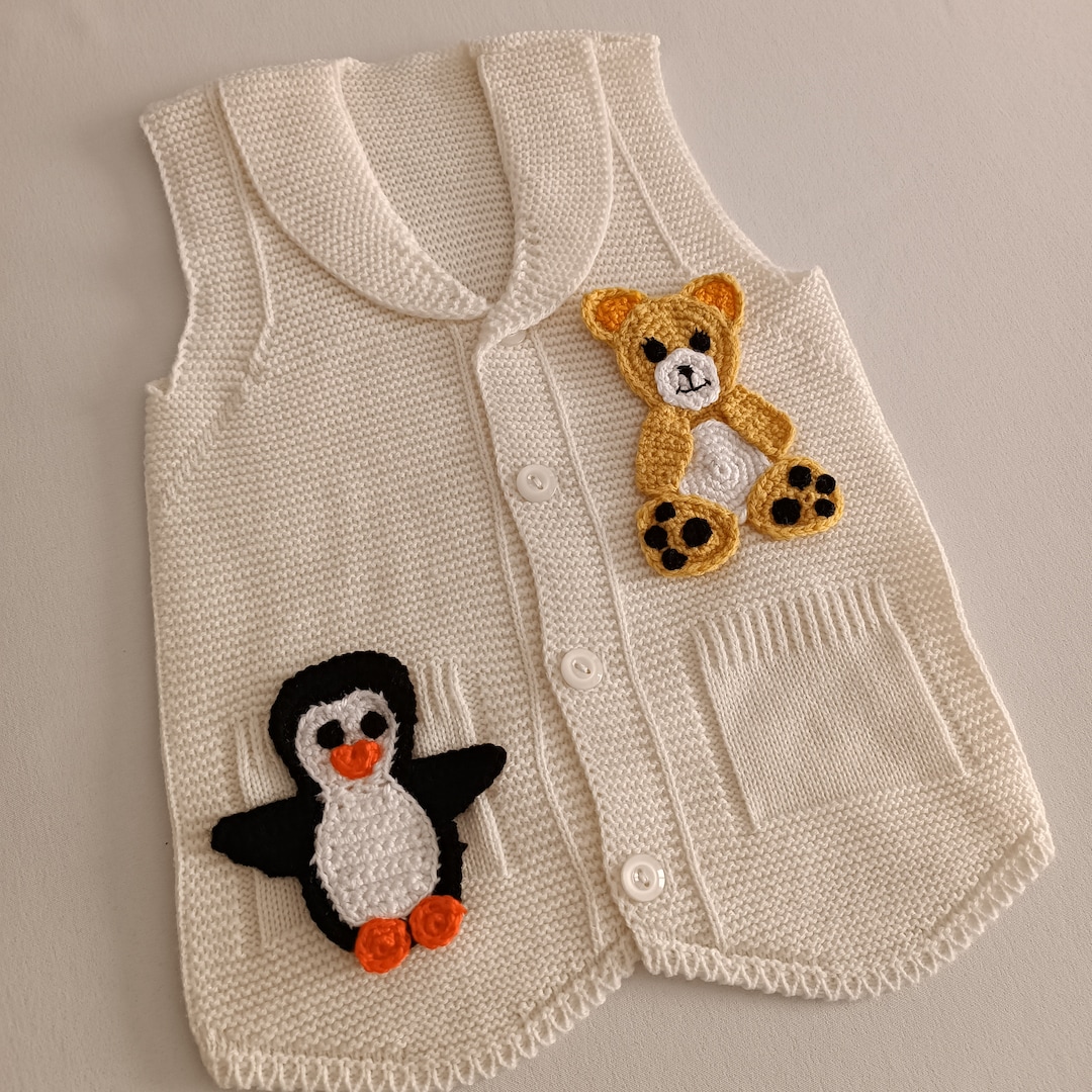 Knitted Vest With Penguin and Bear Motifs, White Kids Vest, Vests for ...