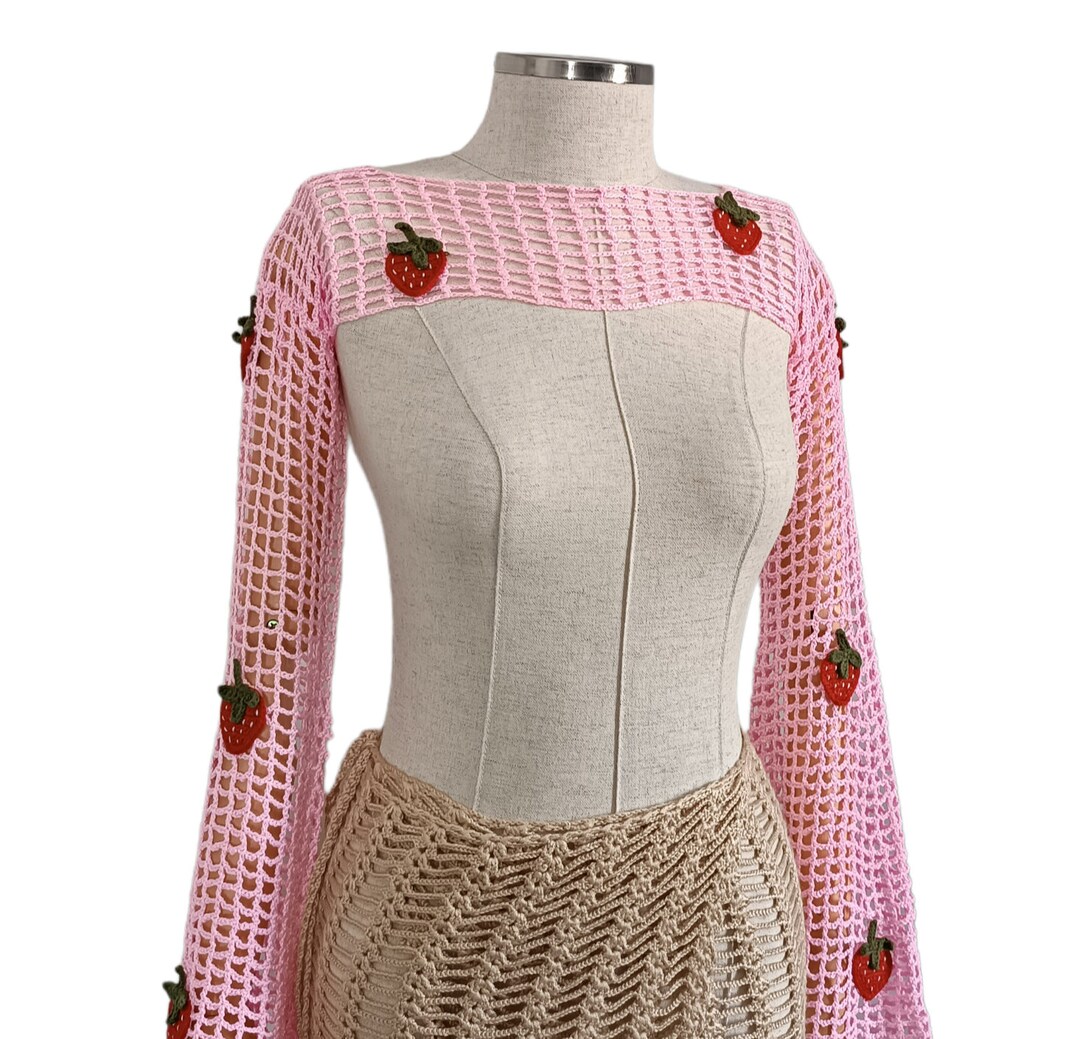 Strawberry Mesh Crop Top, Cute Knit Top, Strawberry Motif Mesh Top, Y2k ...