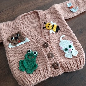 Knitted Cardigan With Frog, Cat, Dog, Mouse and Bee Motif, Cute Animal ...