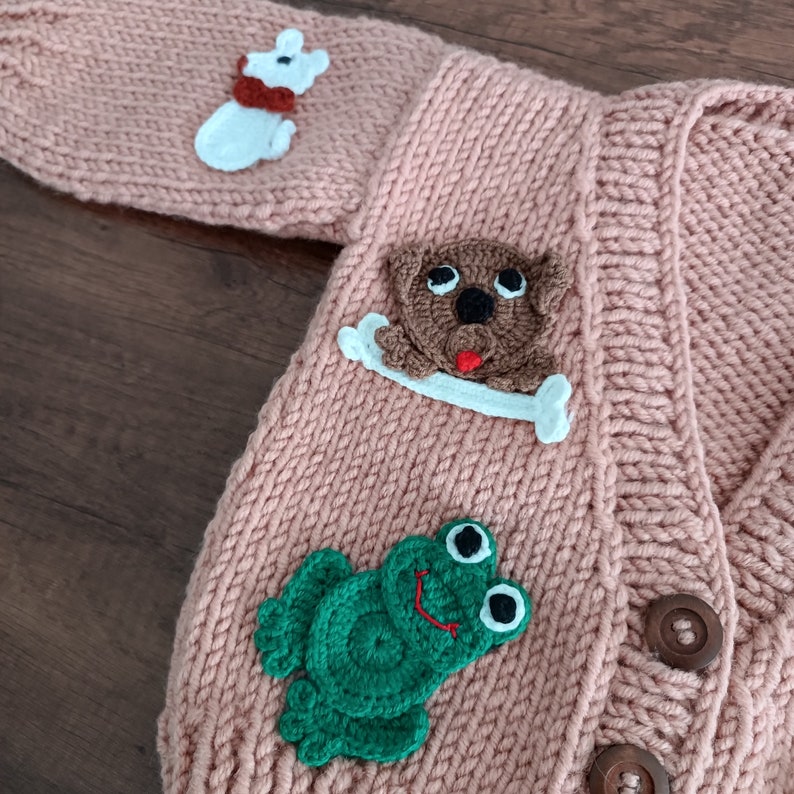 Knitted Cardigan With Frog, Cat, Dog, Mouse and Bee Motif, Animal ...