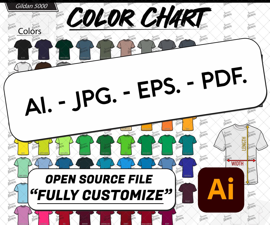 Fully-editable Gildan 5000 Color Sizing Chart • Gildan Tshirt Color ...