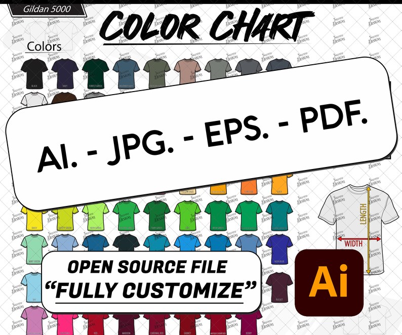 Fully-editable Gildan 5000 Color Sizing Chart • Gildan Tshirt Color ...