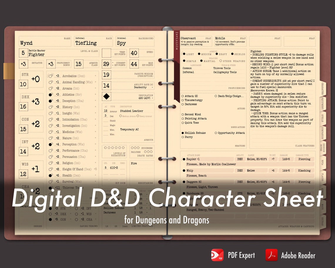 Digital D&D Fillable Character Sheet and Hyperlinked Notebook - Etsy