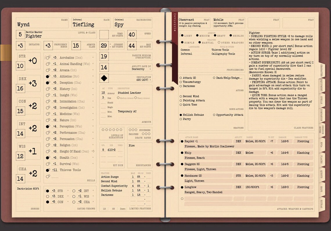 Digital D&D Fillable Character Sheet and Hyperlinked Notebook - Etsy Canada