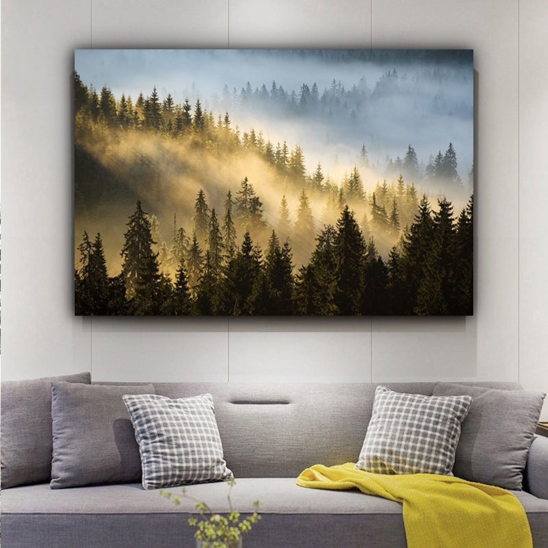 Sunrise Canvas Wall Art , Forest and Fog Landscape Canvas Painting ...