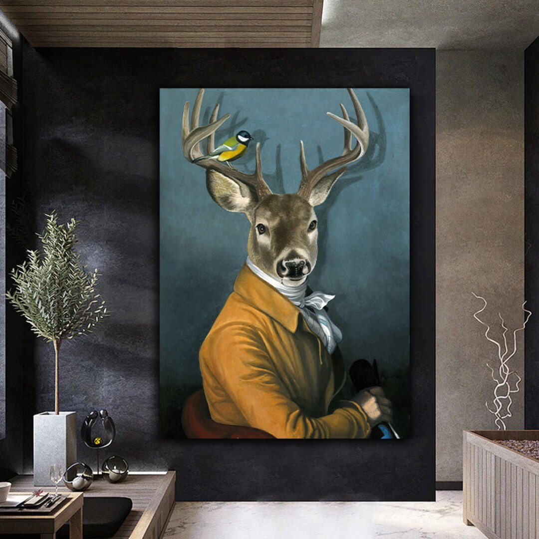 Deer in Suit Canvas Wall Art , Deer Canvas Print , Bird Canvas Painting ...