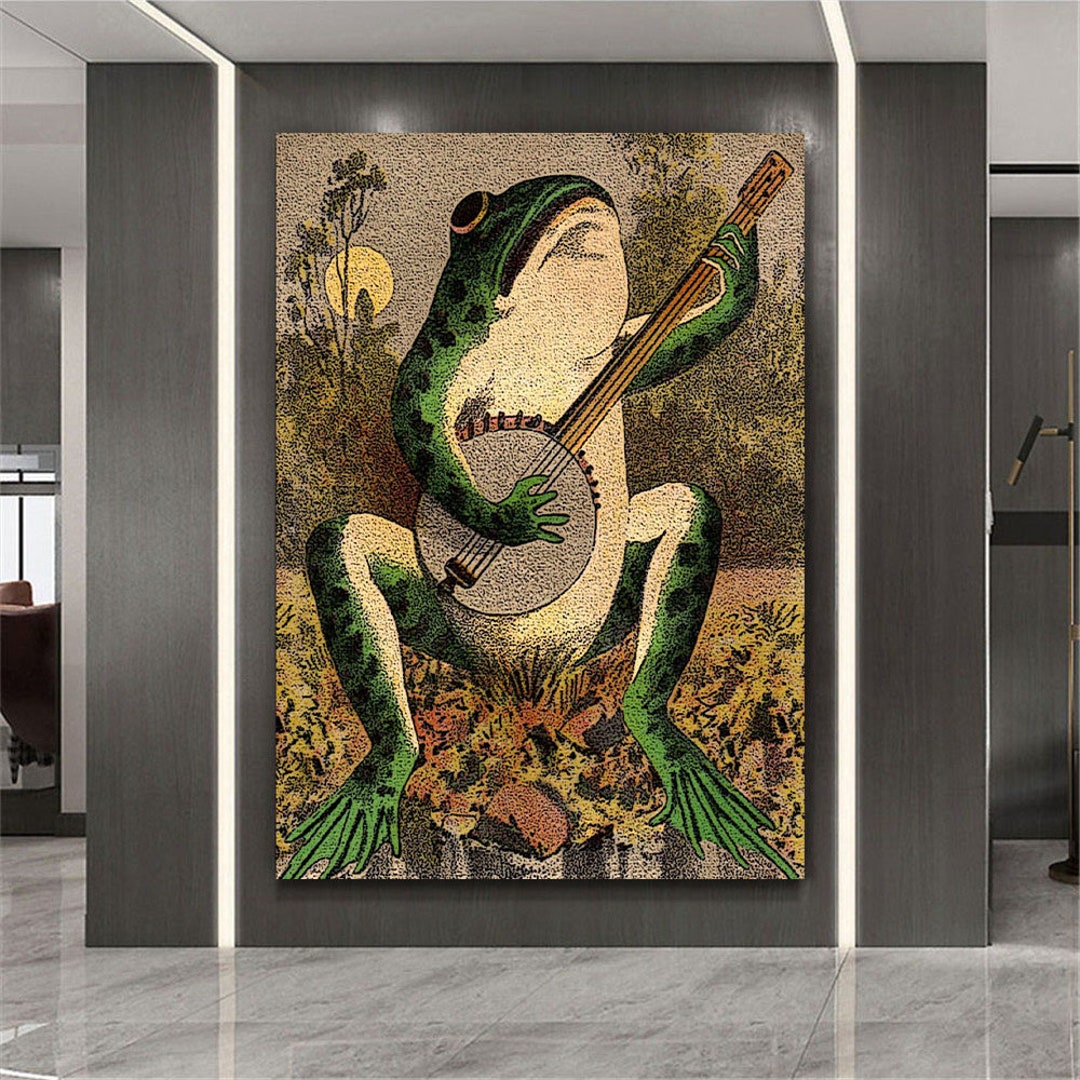 Vintage Frog Canvas Wall Art , Frog Making Music Canvas Painting , Frog ...